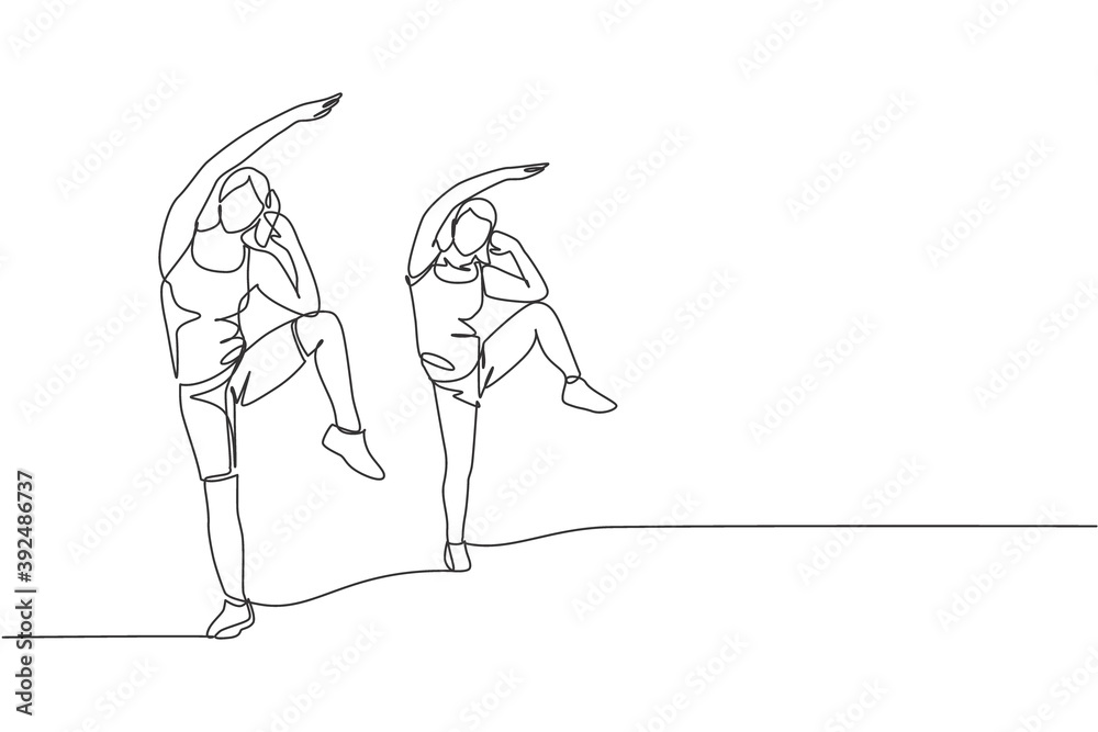 Vettoriale Stock One continuous line drawing of two young sporty women ...