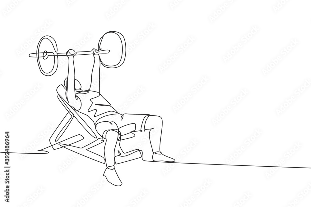 Single continuous line drawing of young sportive man training lift ...