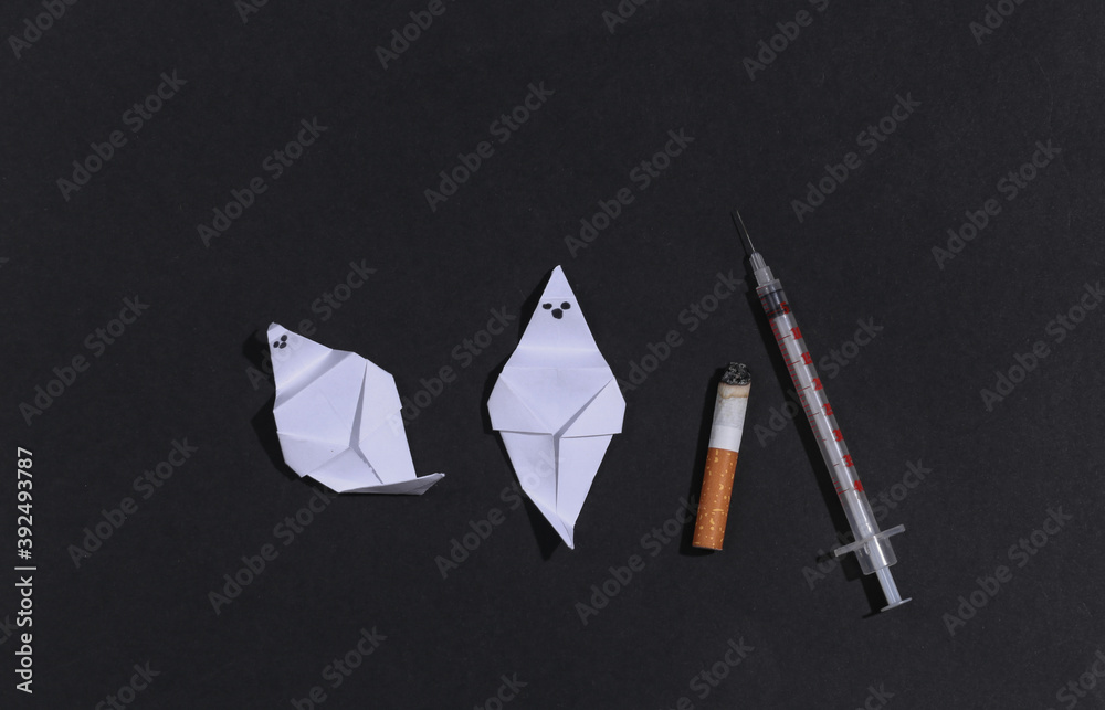 Smoking and drug addiction. Ghosts with cigarette and syringe on black ...