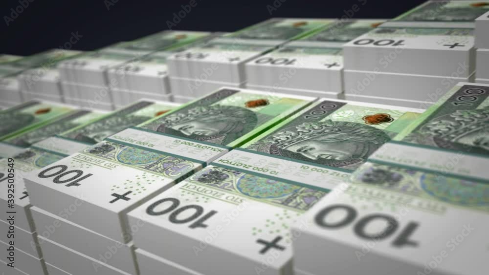 Polish Zloty banknote bundle growth up loop. 100 PLN money stacks ...