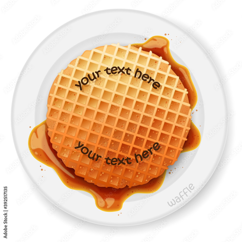 Belgium round waffle with text, gold colors with honey, jam, jelly on ...