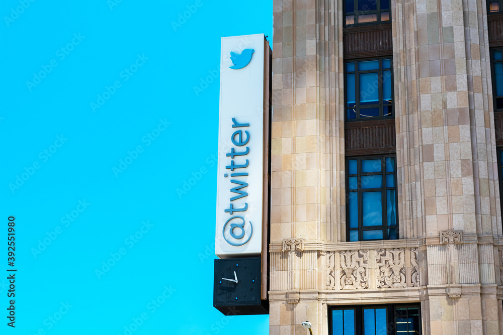 Twitter sign and logo on facade of global headquarters building at 1355 ...