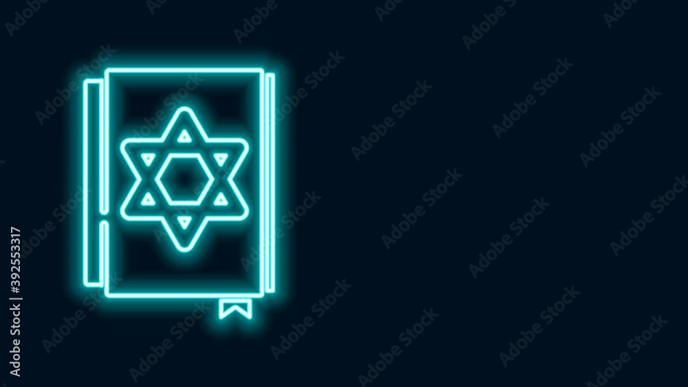Glowing neon line Jewish torah book icon isolated on black background ...
