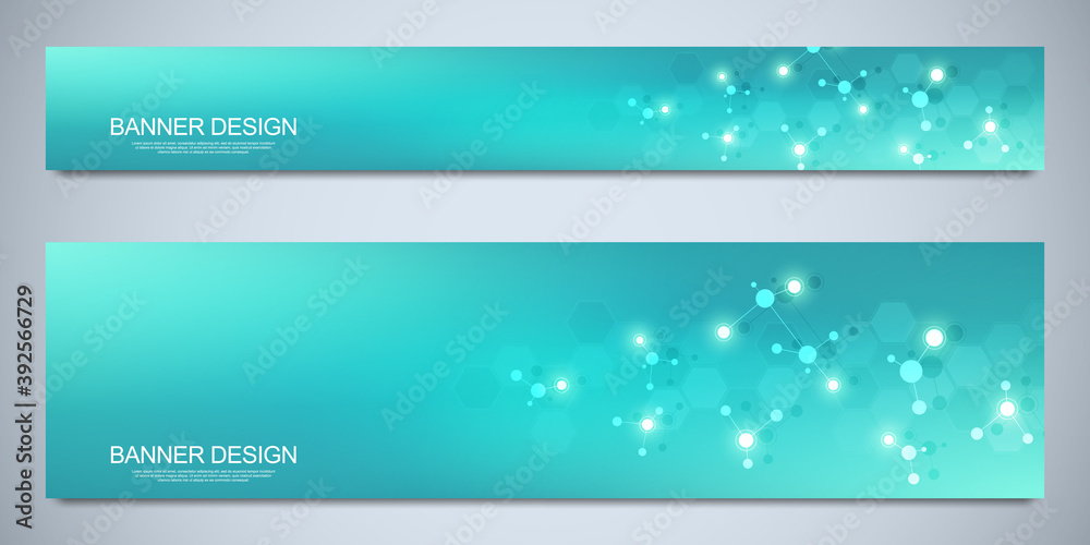 Banners design template with molecular structures and neural network ...