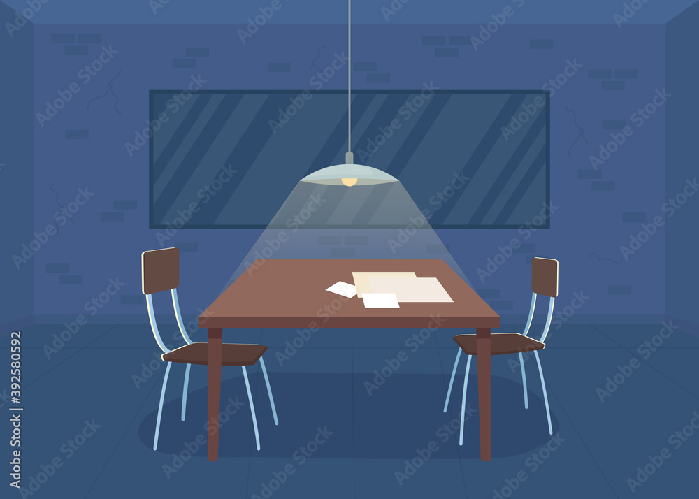 Vecteur Stock Interrogation room flat color vector illustration. Police ...