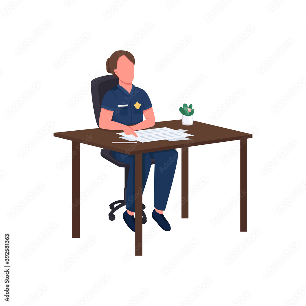 Female police officer at desk flat color vector faceless character ...