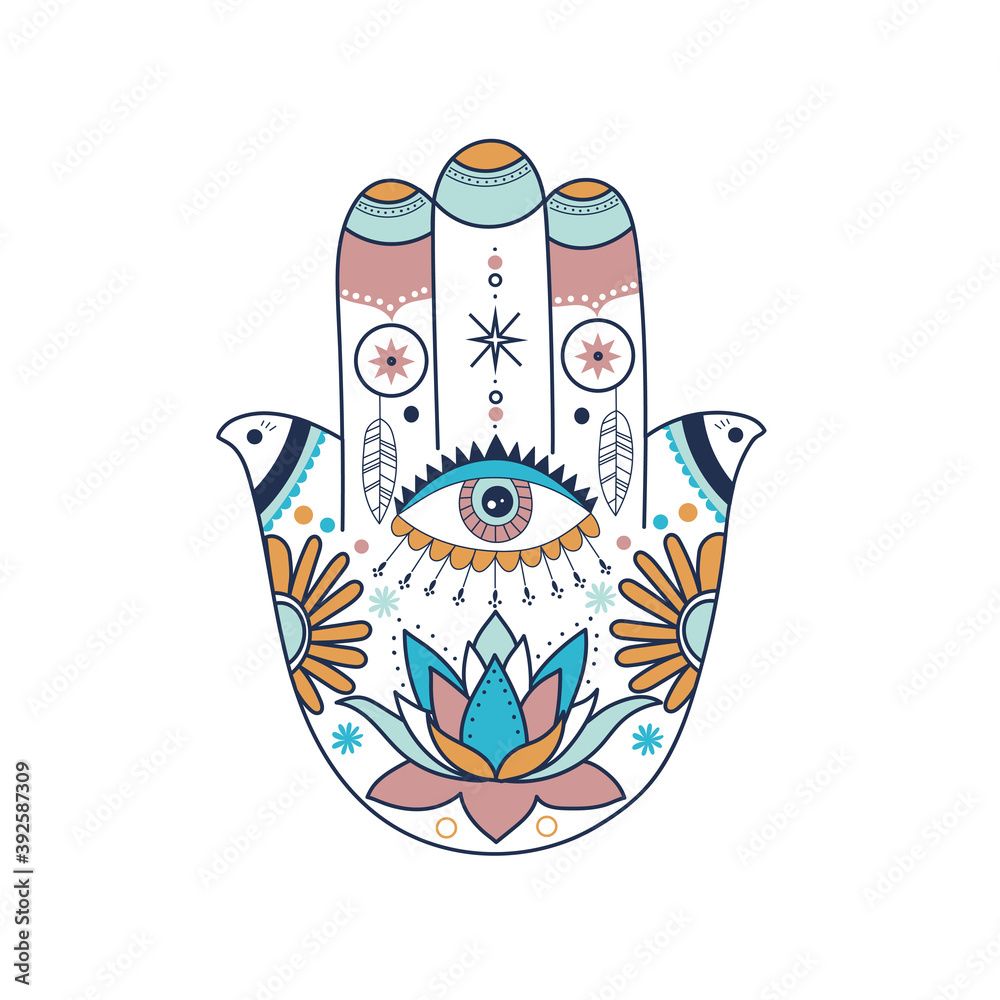 Vector Indian Hamsa hand drawn symbol. Hand of Fatima religious sign ...