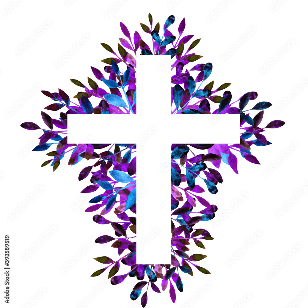 Blue and purple watercolor floral religious cross isolated on a white ...