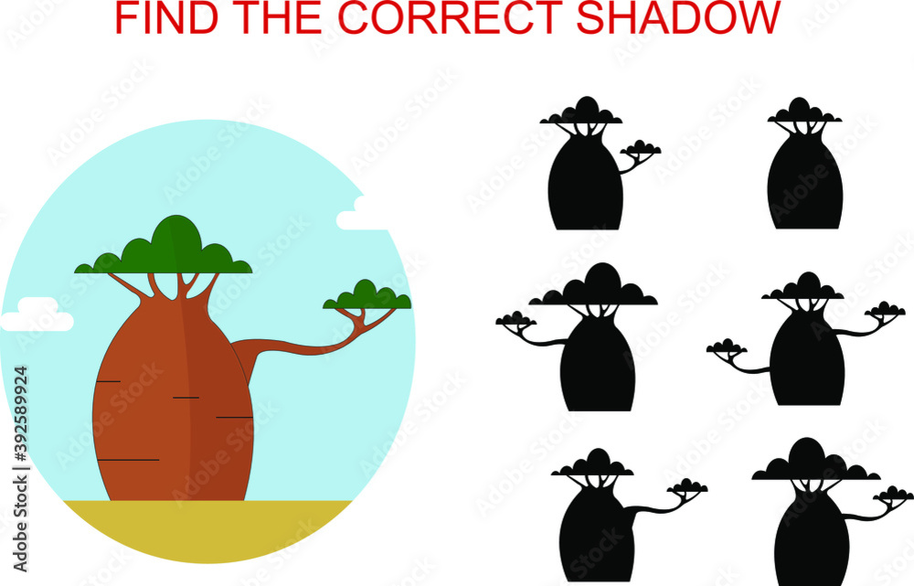 An illustration of a baobab tree. Find the correct shadow. Educational ...