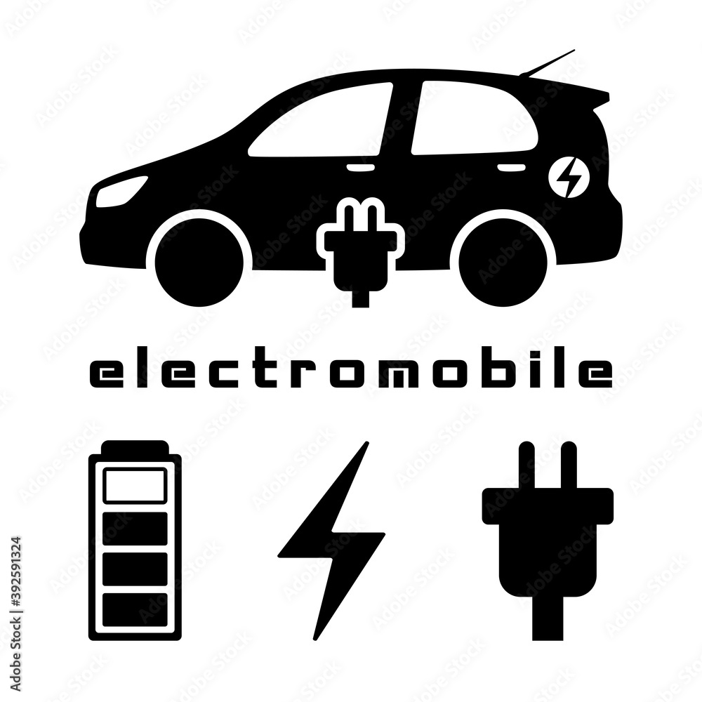Electromobile. Icons for charge, battery, socket, car refueling. Stock ...