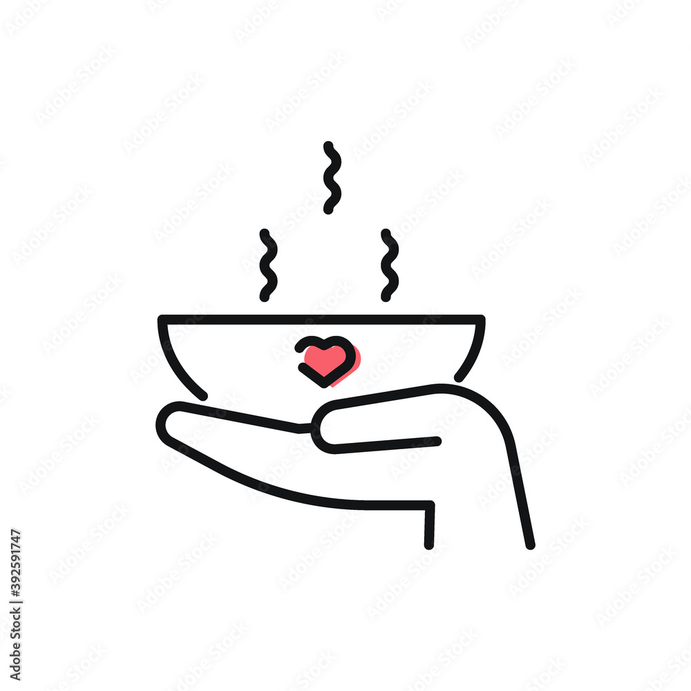 Food donation icon on white. Hand holding plate with soup for donations ...