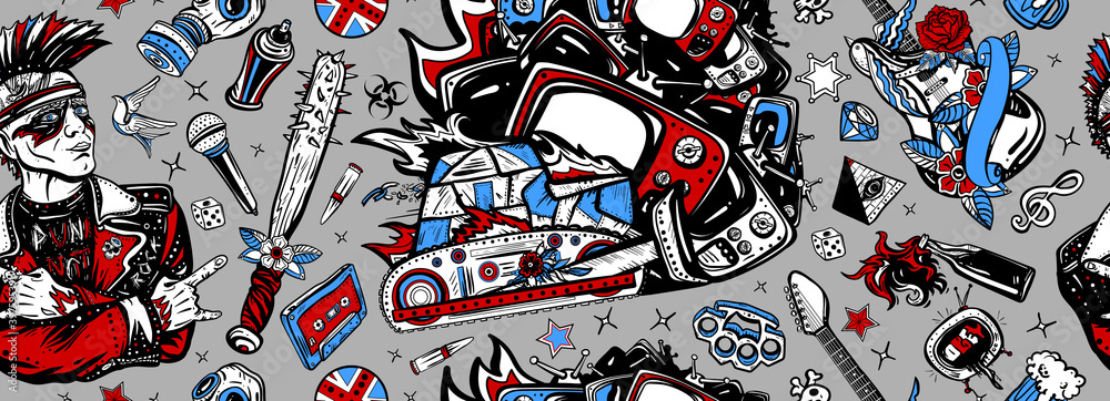 Protest concept. Seamless pattern. Punker with mohawk hairstyle, audio ...