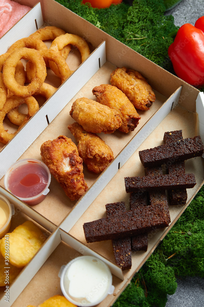 hot appetizers, beard toast, squid rings, spicy chicken wings deep ...