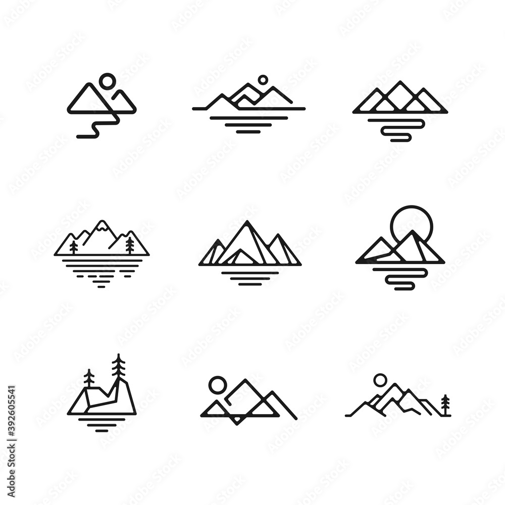 mountain line logo icon set, geometric hill mount rock vector ...