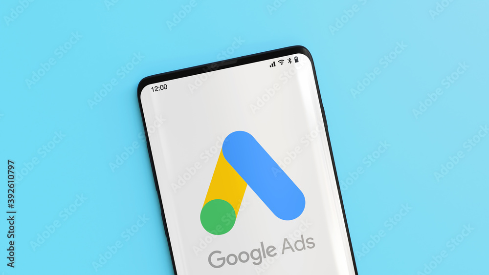 Mobile phone with the Google Ads logo displayed. 3D rendering. Stock ...