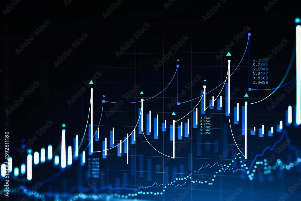 Immersive stock market and graph interface over dark blue background ...