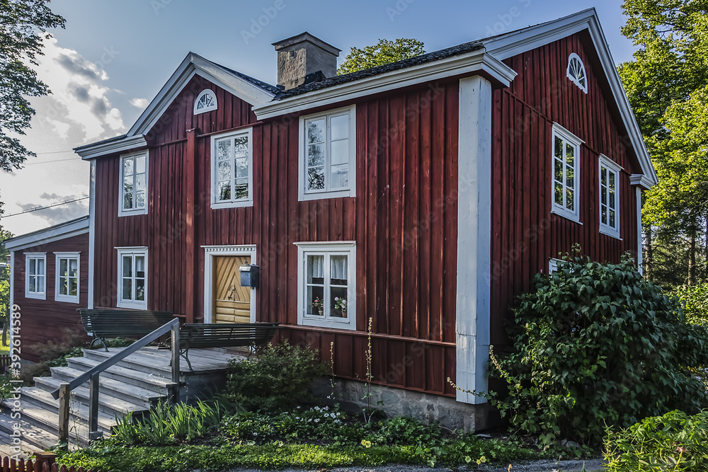 Traditional architecture of old Swedish building at Djurgarden island ...