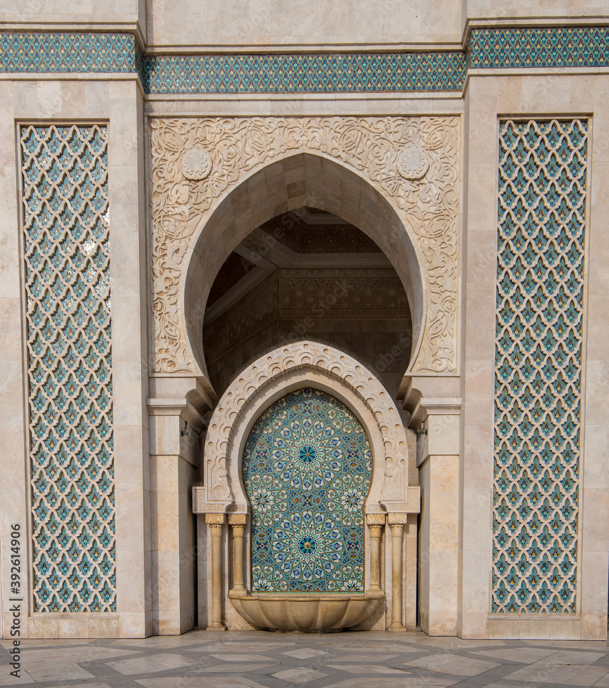 The Hassan II Mosque in Casablanca, Morocco. Ornate exterior fountain ...