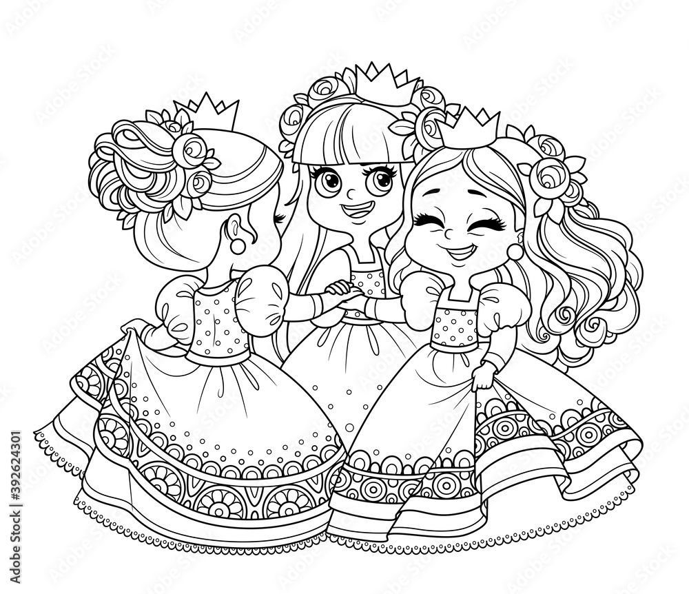 Three cute princesses in wreaths of rose flowers dancing holding hands ...