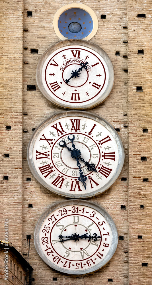 Italy, Tolentino central square of the city, Clock Tower, watch dials ...