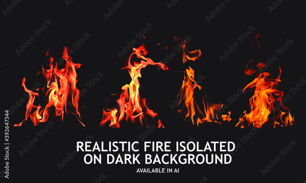 Set of isolated fire images on dark background. For used on dark ...