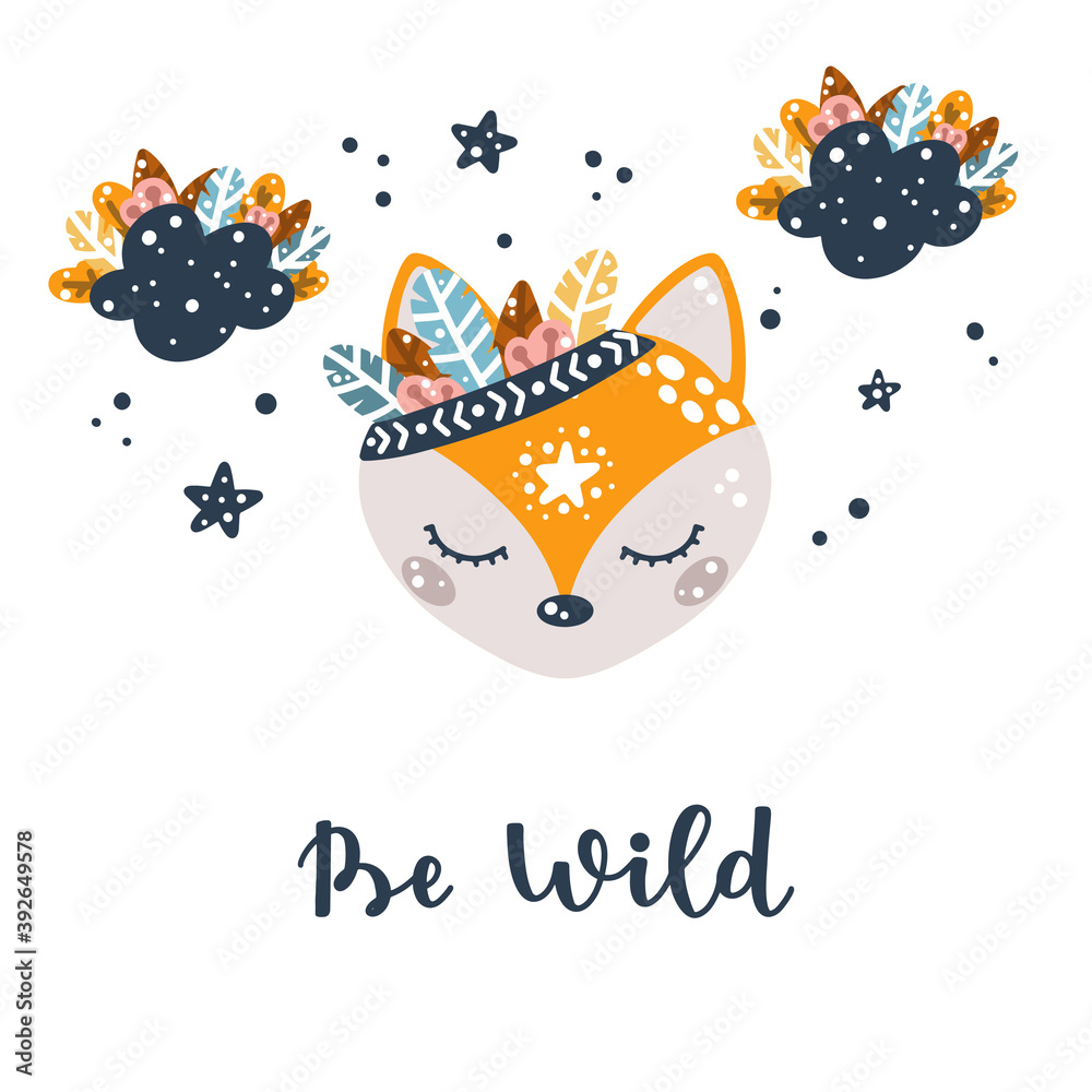 Cute nursery poster with boho fox with feathers, stars and clouds and ...