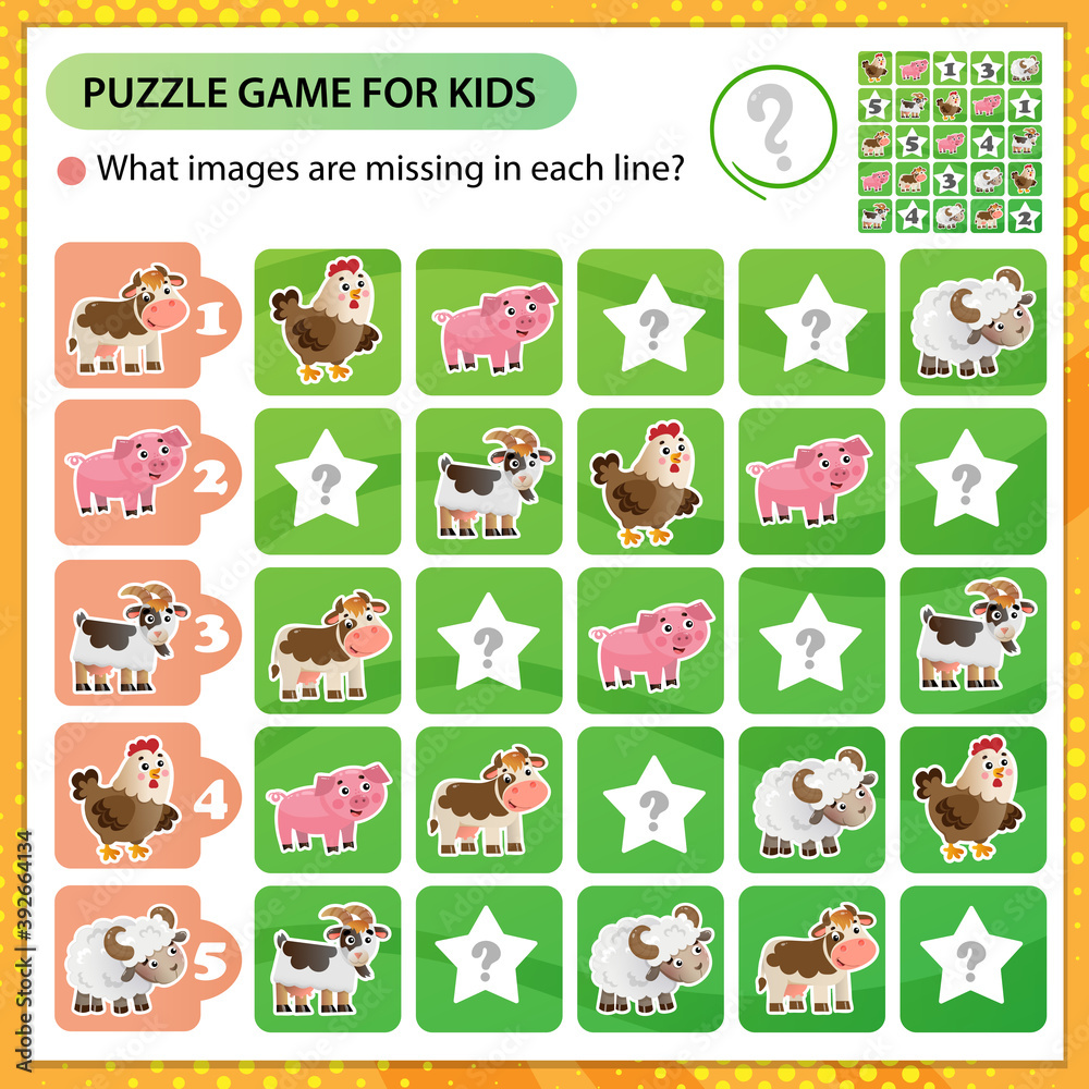 Sudoku puzzle. What images are missing in each line? Farm animals. Cow ...