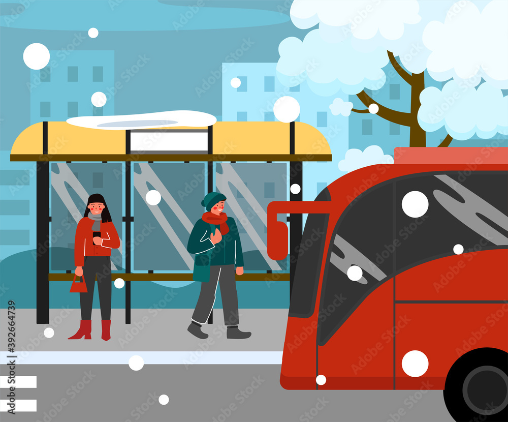 Vector illustration of a bus stop and a bus. A girl and a guy are ...
