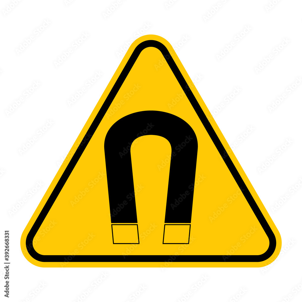 Magnetic field warning sign. Vector illustration of yellow triangle ...