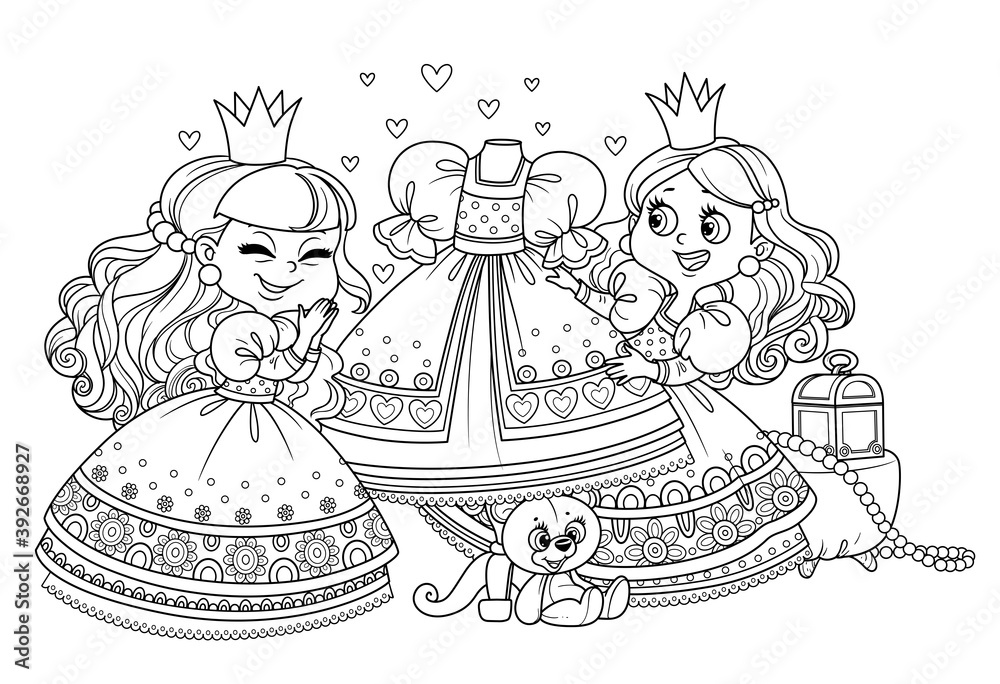Two cute princess consider a ball gown on a mannequin outlined for ...
