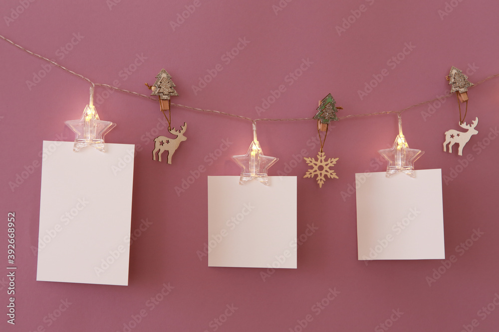 festive interior of the house with cards for inserting photos Stock ...