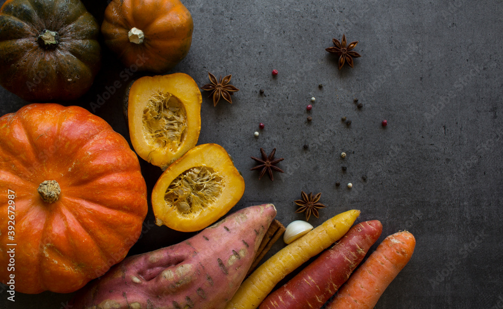 Fresh vegetables on grey background with copy space. Top view photo of ...