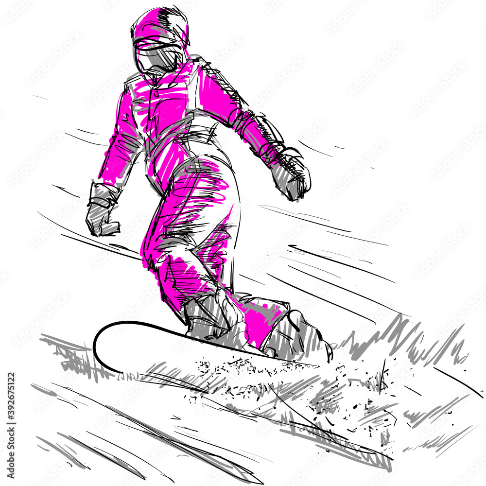 Sketch of Snowboarder on a Slope. Vector Illustration on a White ...