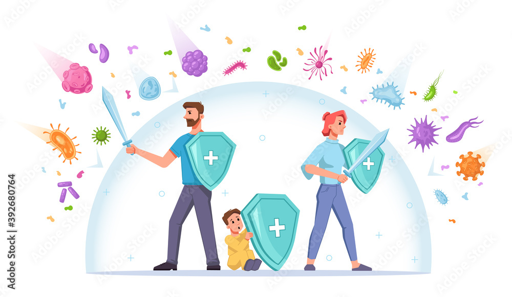 Family protects against viruses and bacteria with shields. Vector ...
