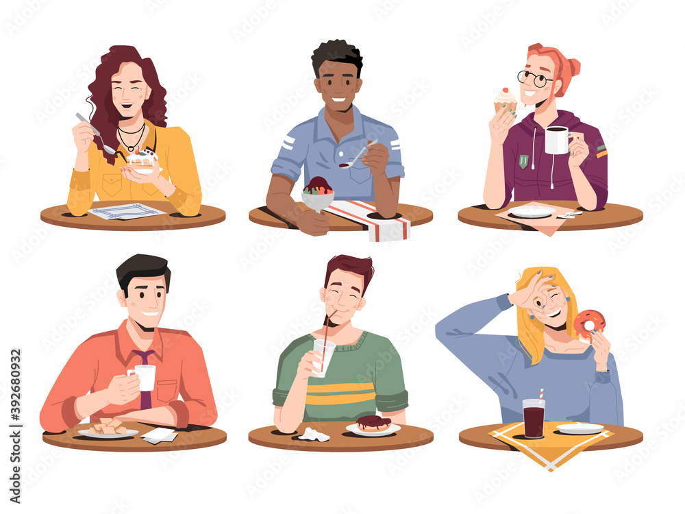 Happy people eat desserts isolated flat-cartoon men and women enjoying ...