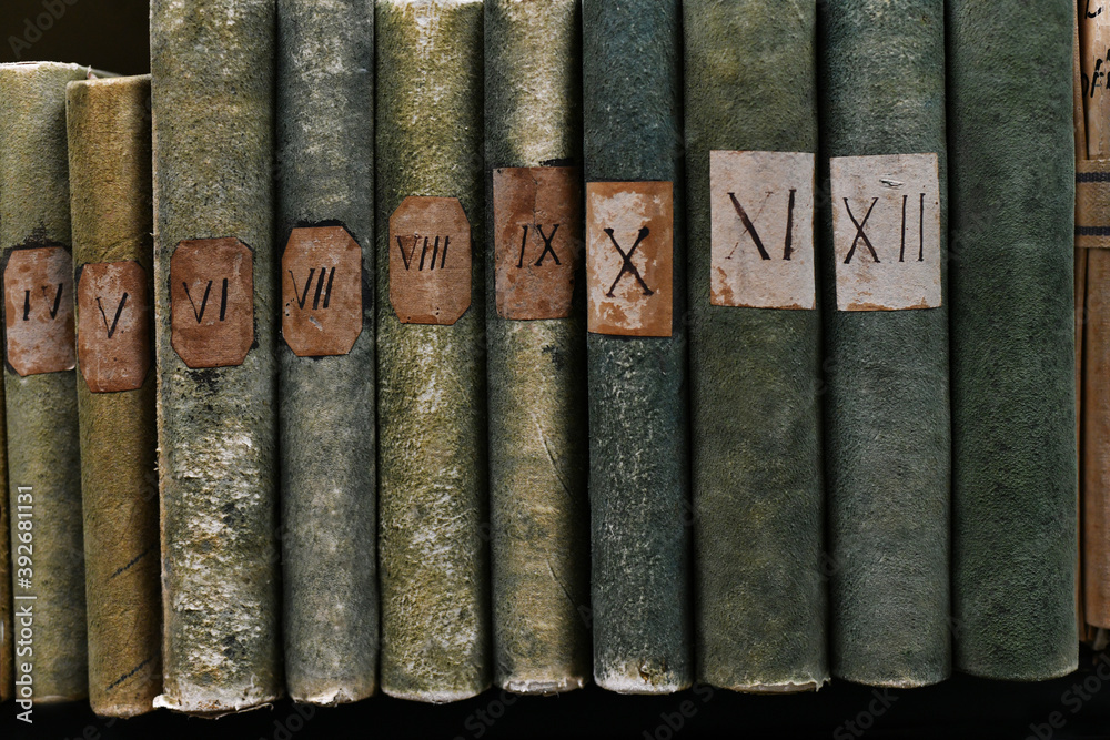 Old books with Roman numerals in the library Stock Photo | Adobe Stock