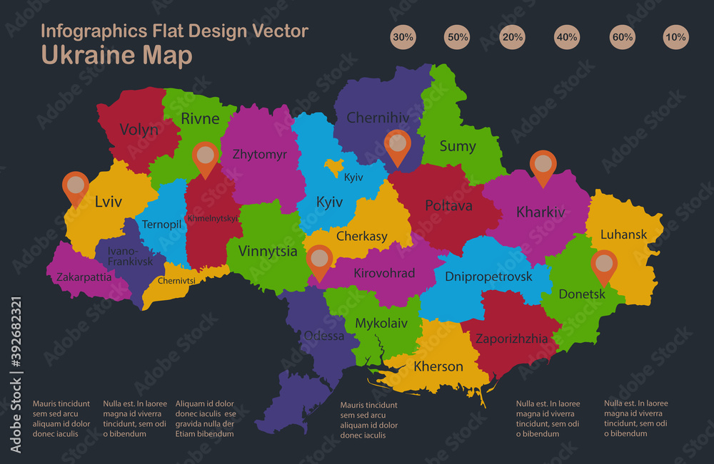 Infographics Ukraine map, flat design colors, with names of individual ...