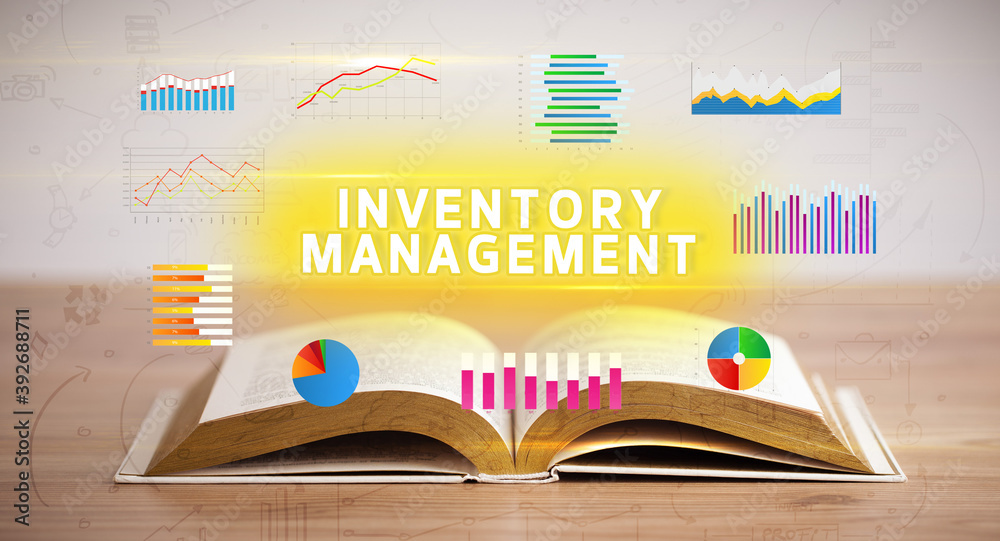 Open book with INVENTORY MANAGEMENT inscription, new business concept ...