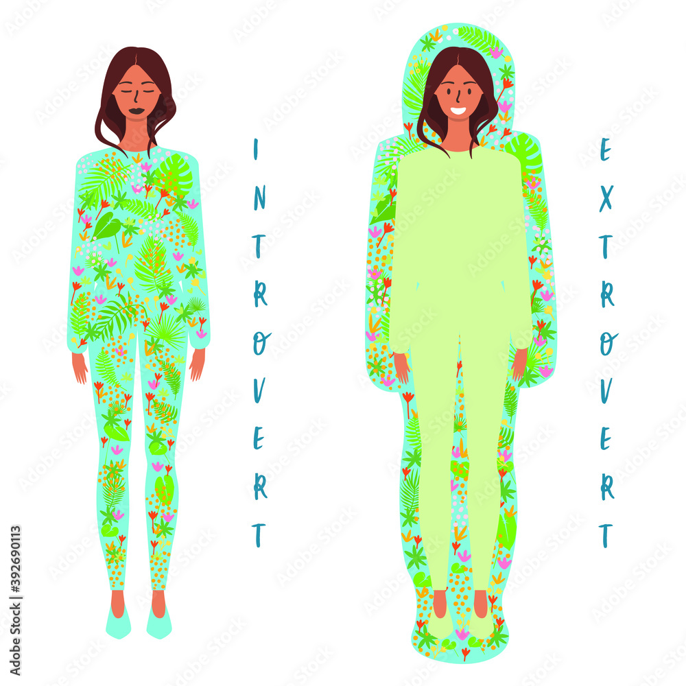Flat vector cartoon illustration of an extrovert and introvert. The ...