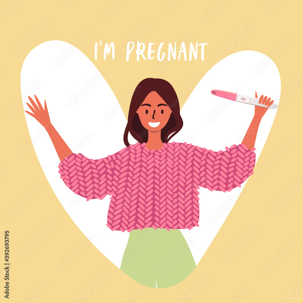Flat vector cartoon illustration of a woman holding a pregnancy test ...