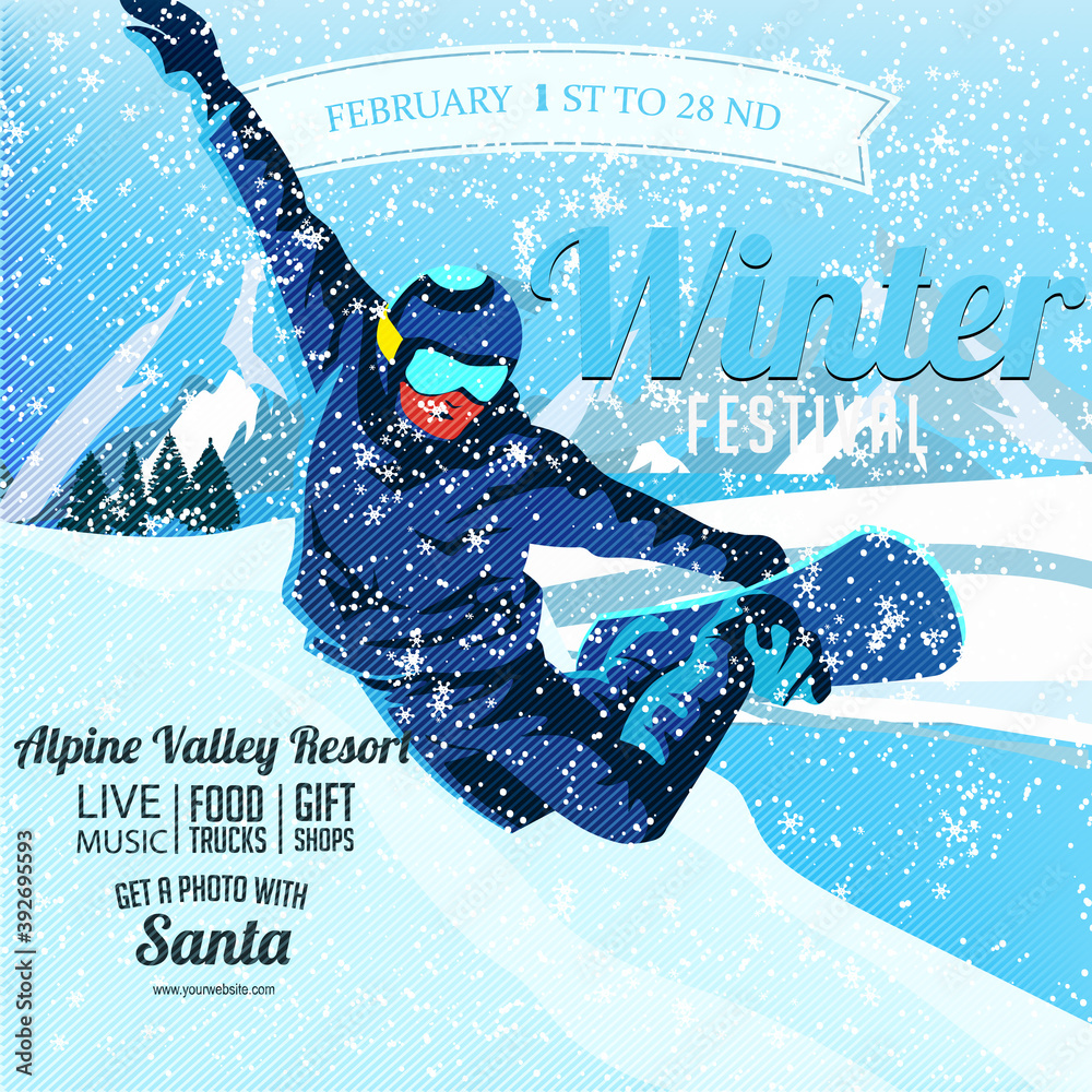 Mountain snow ski resort poster background concept. Winter extreme ...