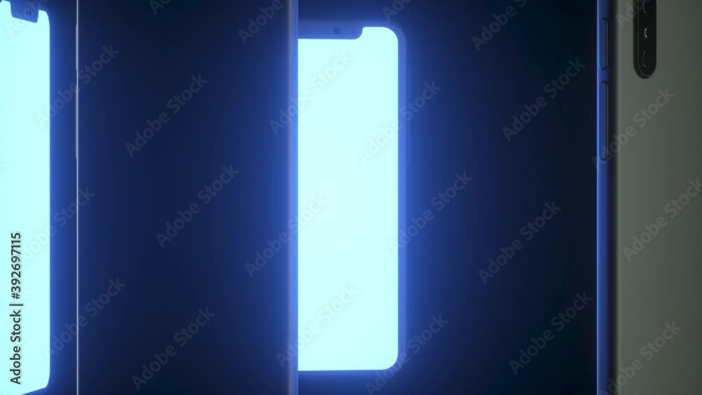 Five mobile phone with illuminated screen rotating. 3D realistic render ...