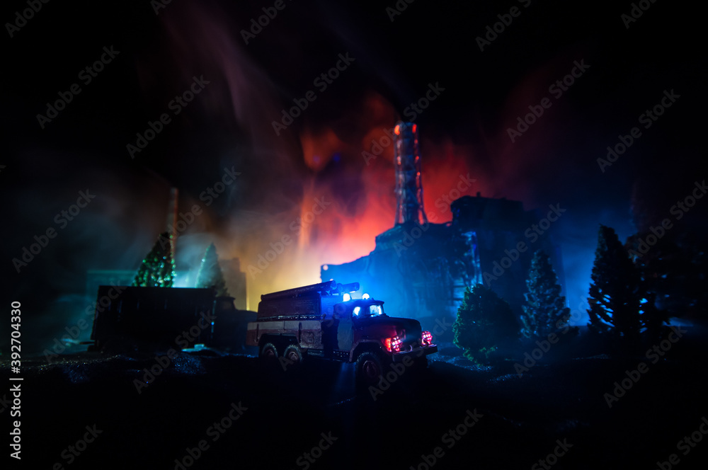 Chernobyl nuclear power plant at night. Layout of Chernobyl station ...