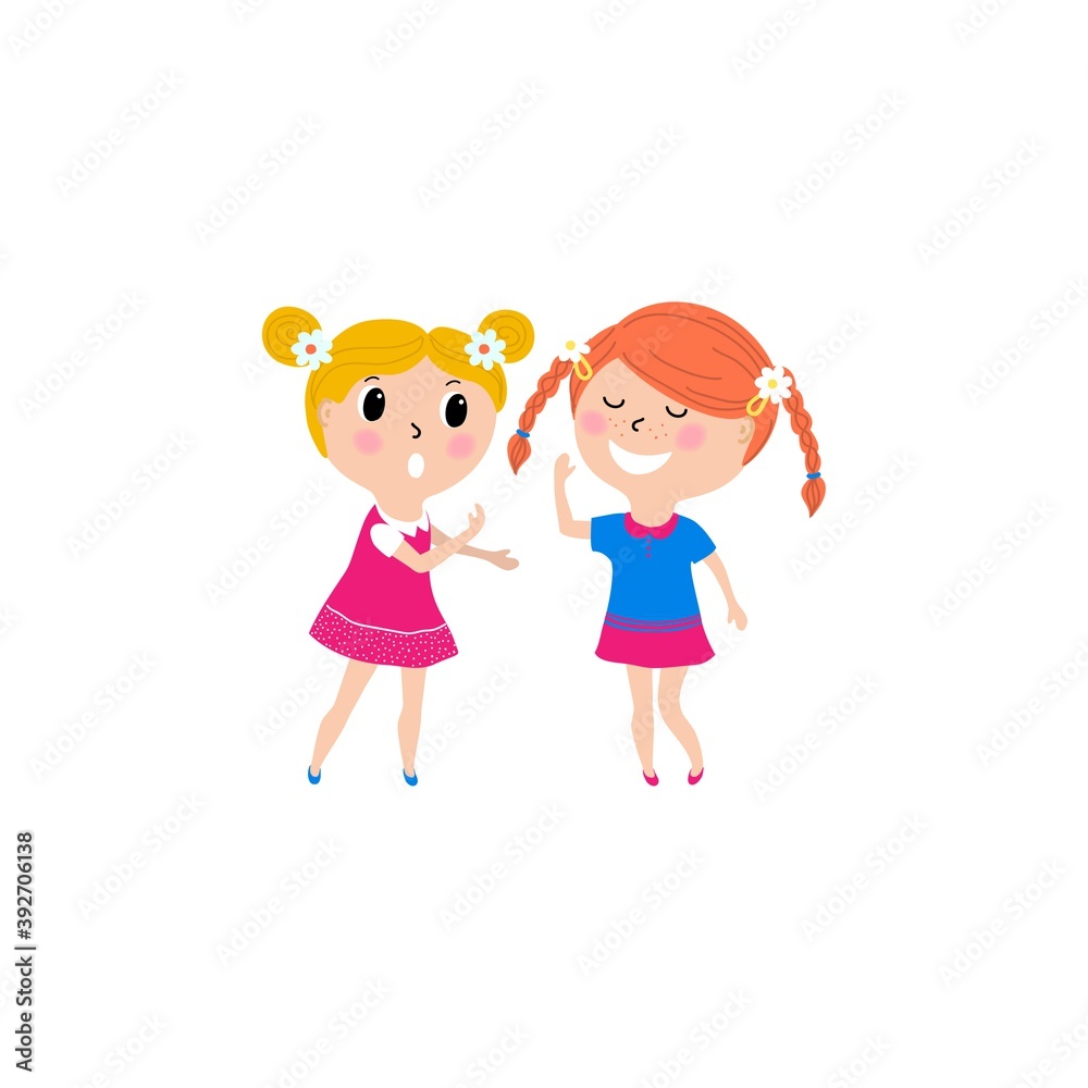 Vector illustration of two little girls talking, cartoon design ...