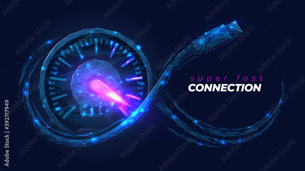 Vetor de Abstract low poly 3d network cable and speedometer in dark ...