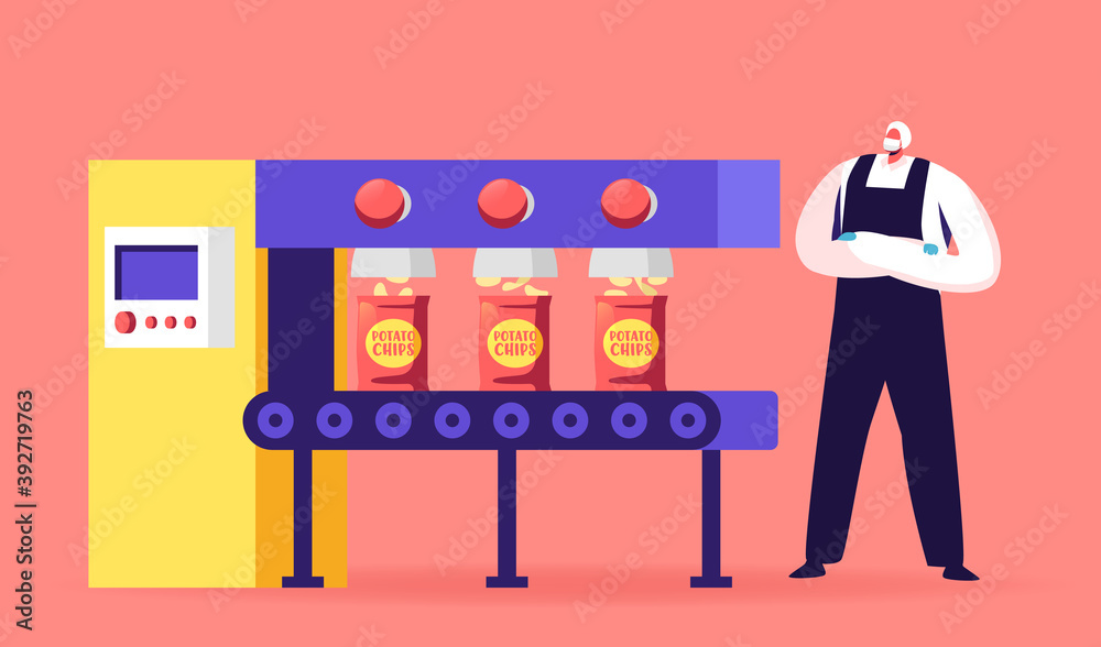 Potato Chips Manufacturing Process. Worker Male Character Wear Uniform ...