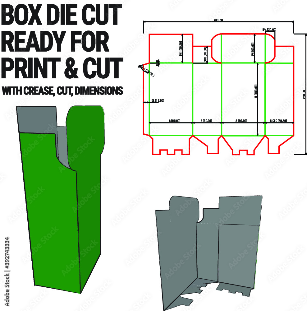 Box Die Cut Cube Template with 3D Preview organised with cut, crease ...