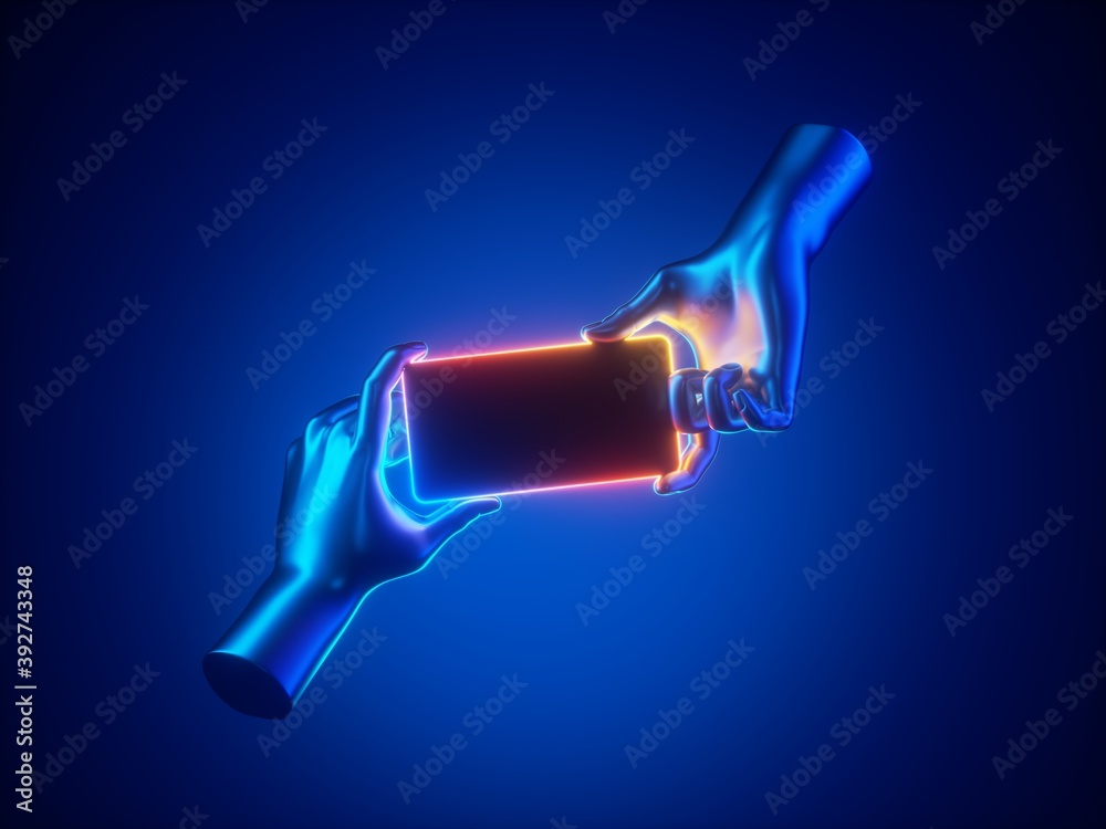 3d render mannequin hands give and take smart phone in horizontal ...