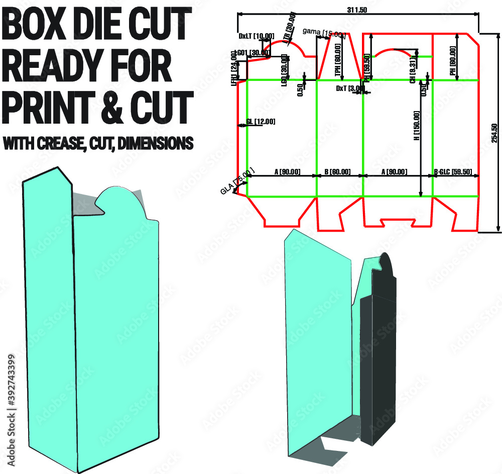 Box Die Cut Cube Template with 3D Preview organised with cut, crease ...