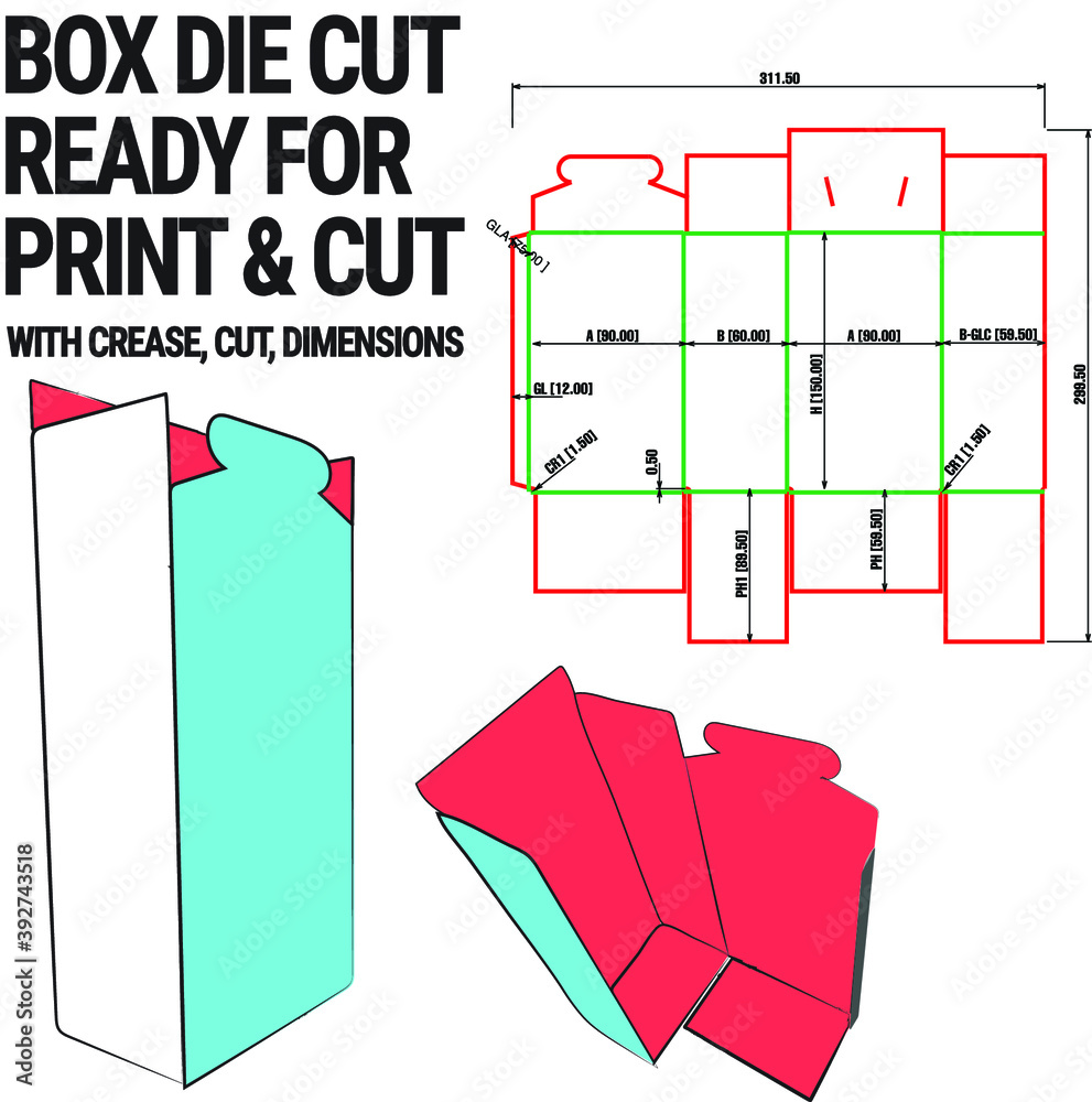 Box Die Cut Cube Template with 3D Preview organised with cut, crease ...